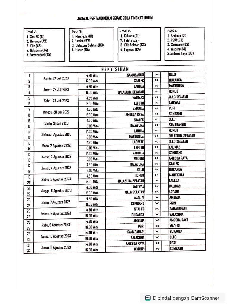 Jadwal Pertandingan Bola Kaki Tingkat Umum | PDF