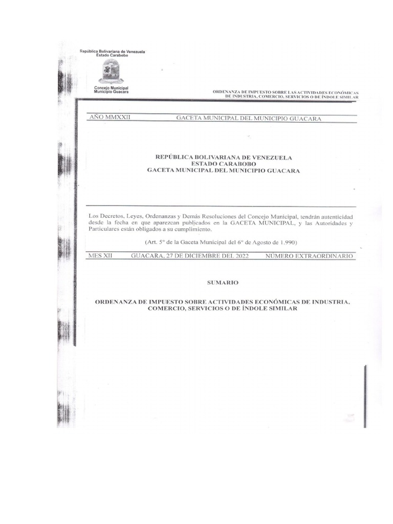 Ordenanza Impuestos Sobre Actividades Economicas Guacara | PDF