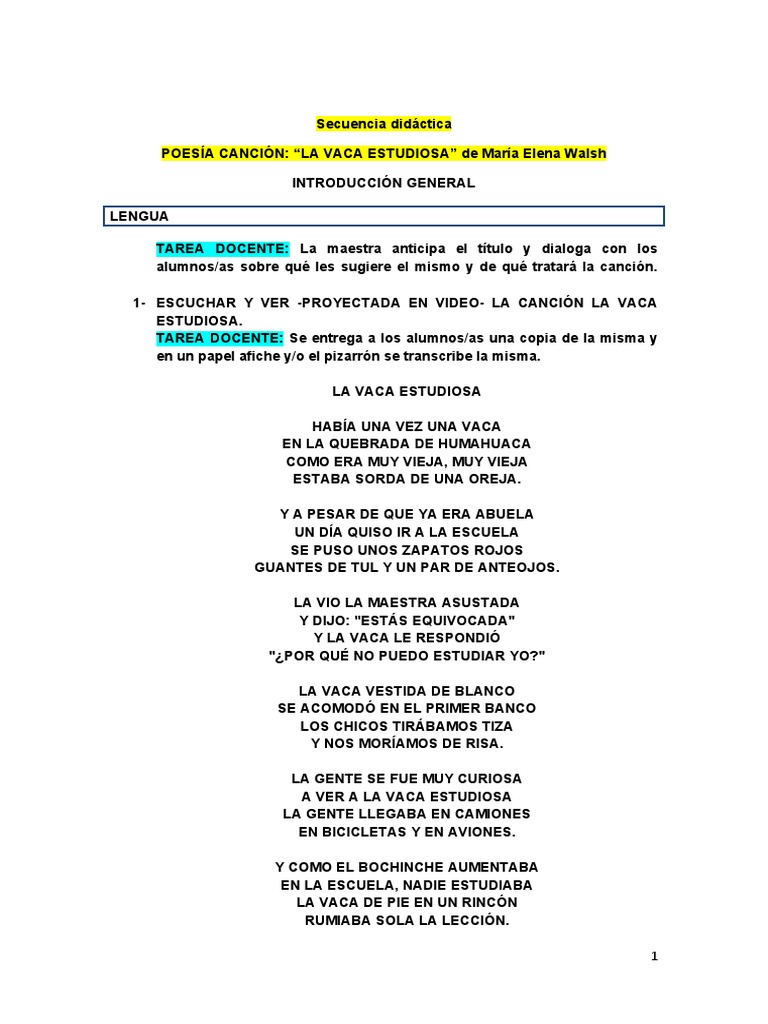 Secuencia Didáctica LA VACA ESTUDIOSA 1° Ciclo | PDF | Sonido