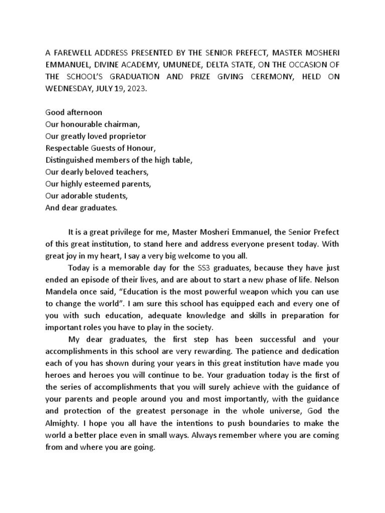 Senior Prefect's Graduation Farewell Speech | PDF | Career & Growth ...