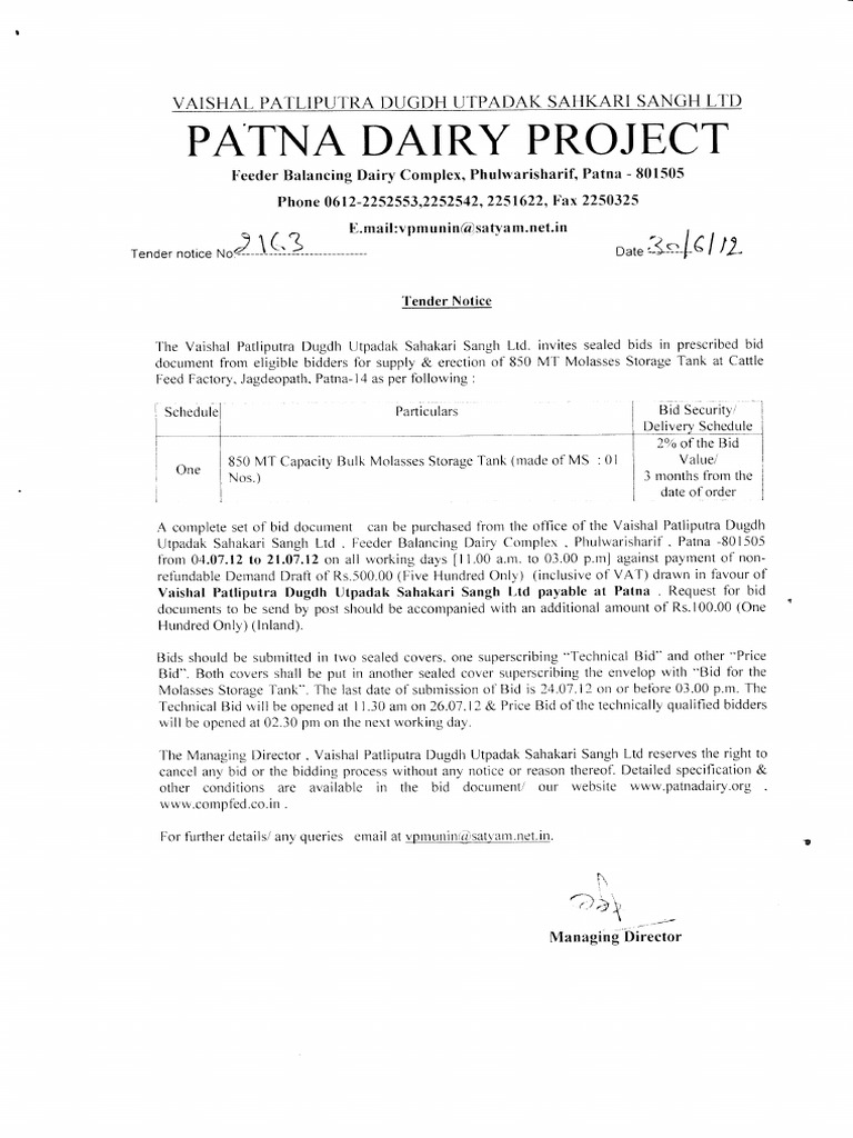 Patna Dairy Project - Molasses Storage Tank | PDF | Employment | Prices