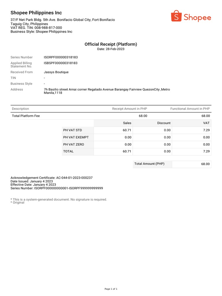 Official Receipt - IsORPF000000318183 | PDF