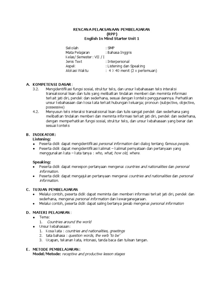RPP New - EIM Starter Grade 7 - Unit 1 | PDF