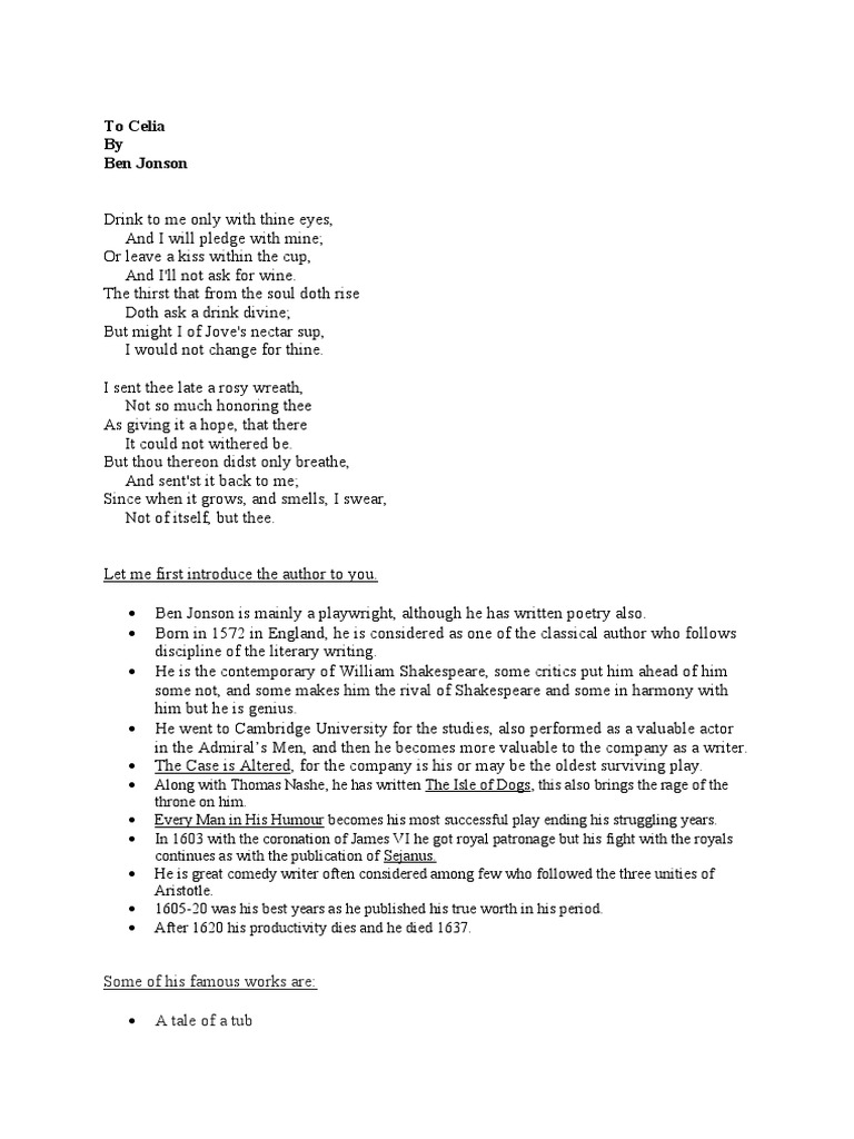 Ben Jonson's "To Celia" Poem Analysis | PDF | Poetry