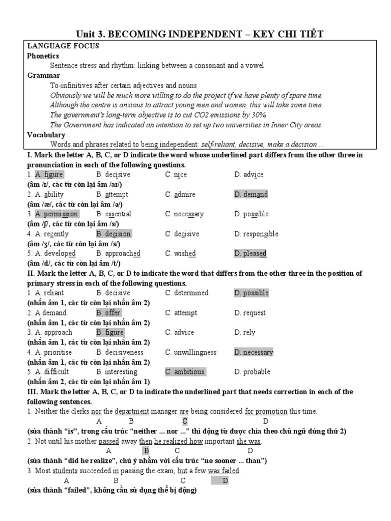 Unit 3 - KEY chi tiết | PDF