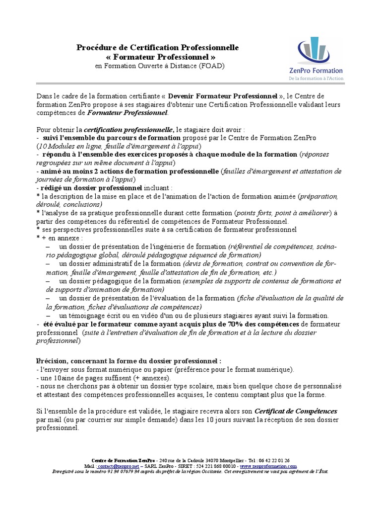 Certification Formateur Professionnel FOAD | PDF | Formation à distance