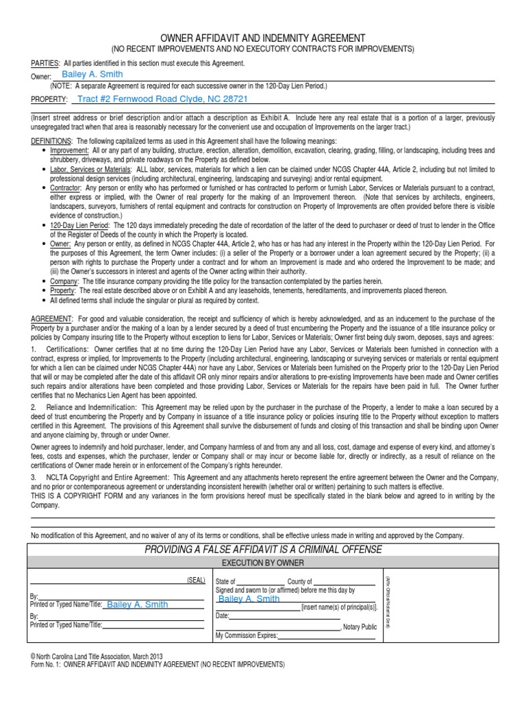 Blank NCLTA Form 1 - Owner Affidavit | PDF
