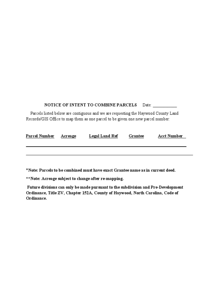 NOTICE OF INTENT TO COMBINE PARCELS Form | PDF | Law
