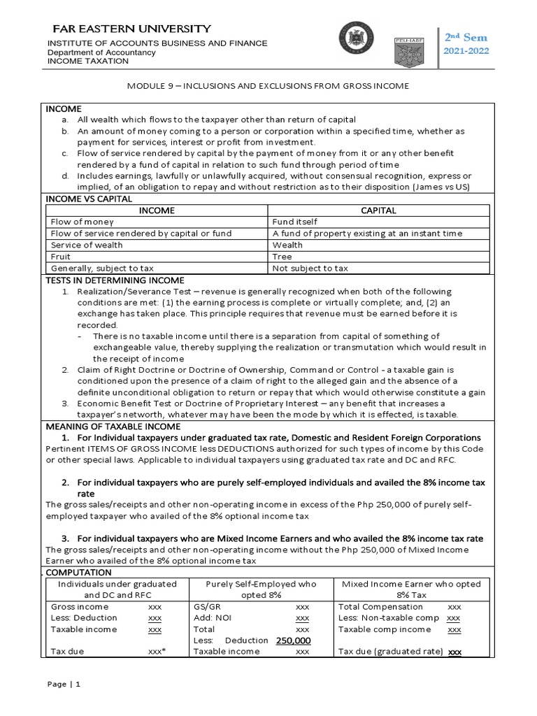 Module 9 Inclusions and Exclusions From Gross Income | PDF | Cost Of ...
