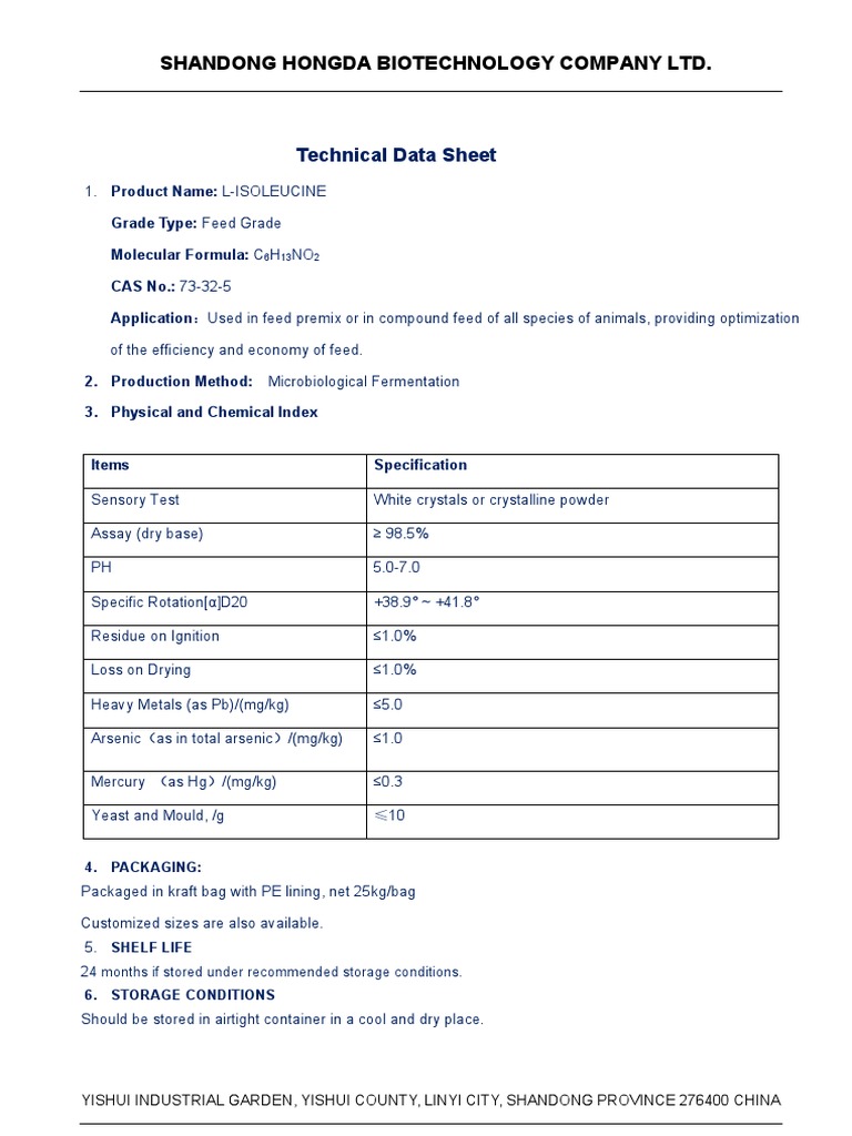 TDS-L-Isoleucine - Feed Grade - HONGDA | PDF