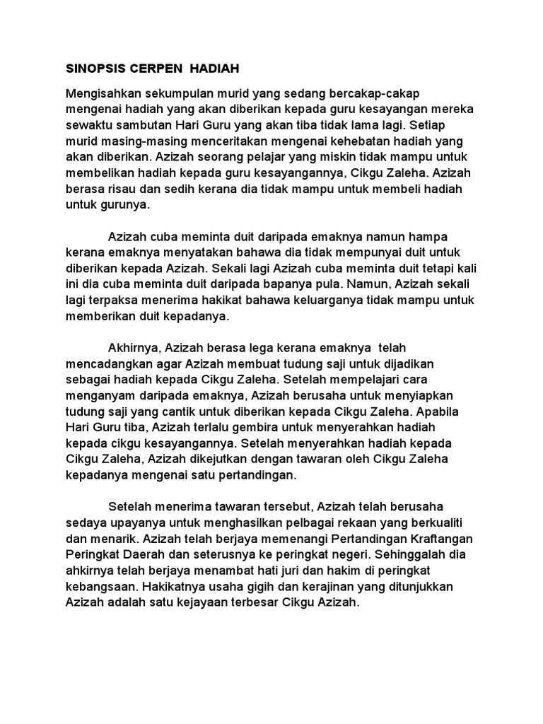 Sinopsis Cerpen Hadiah | PDF