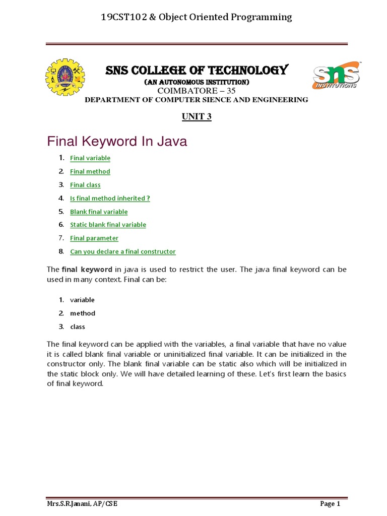 Unit-III Session 25 Final Methods Classes | PDF