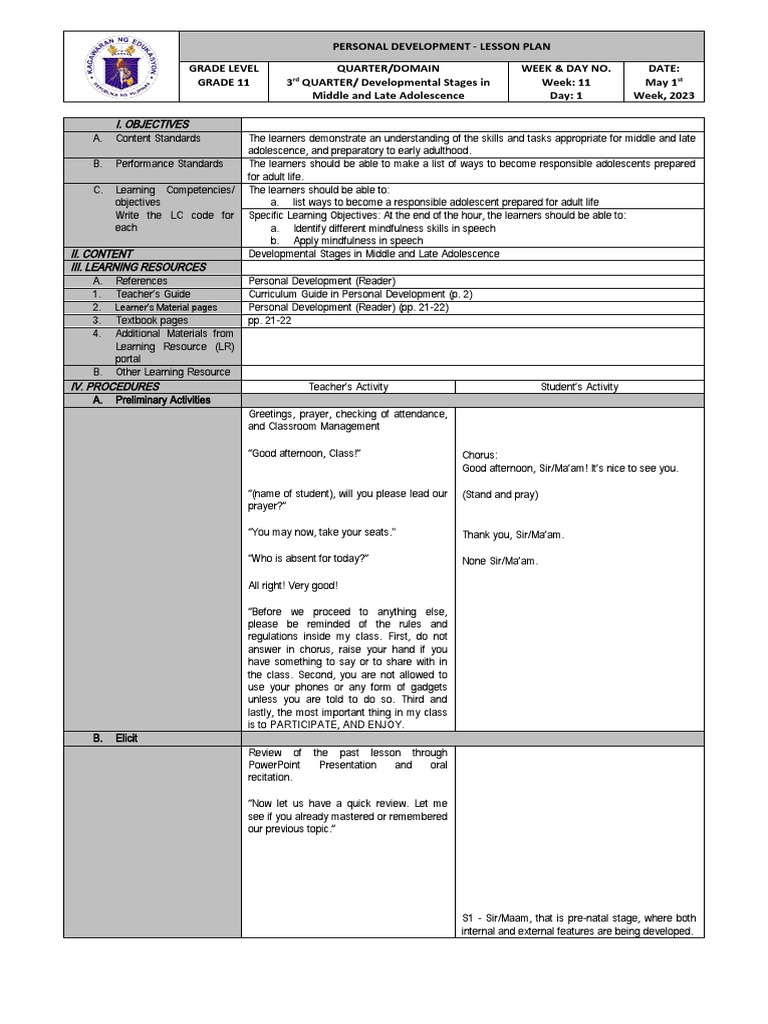 CLRD-PerDev-Devt-Stages-Lesson-Plan-FINAL (1) | PDF | Learning ...