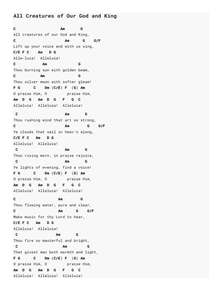 All Creatures of Our God and King Lyrics | PDF | Worship