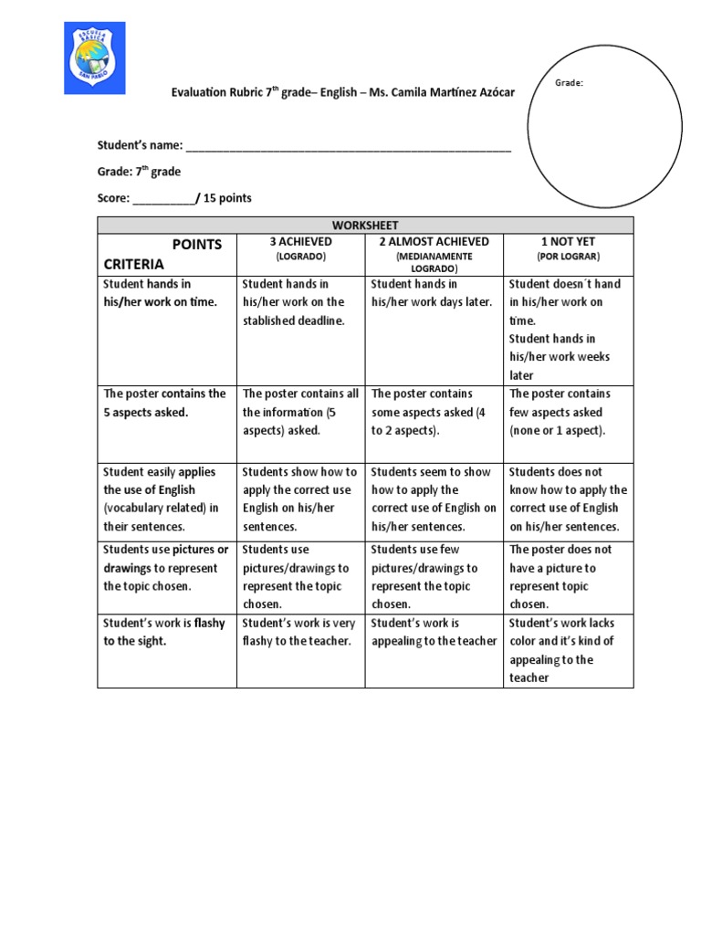AFICHE DESASTRES NATURALES. Evaluation Rubric 7th Grade | PDF