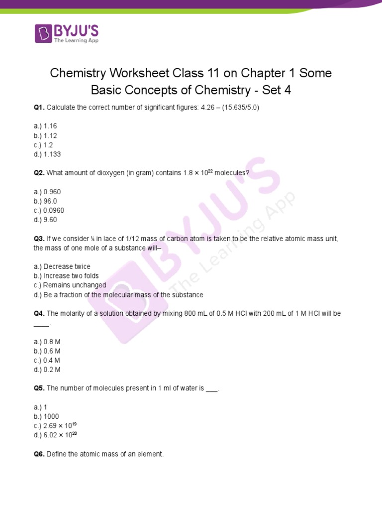 Class 11 Chemistry Worksheet Chapter 1 Some Basic Concepts of Chemistry ...
