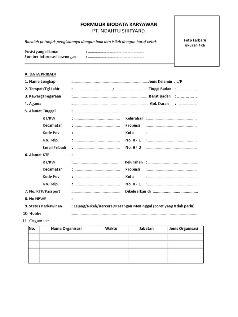 Form Biodata Karyawan | PDF