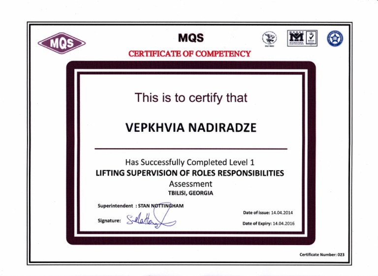 VEPKHVIA NADIRADZE - Lifting Supervisor Certificate | PDF