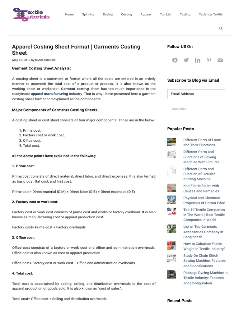 Garment Costing Sheet and Its Different Components | PDF