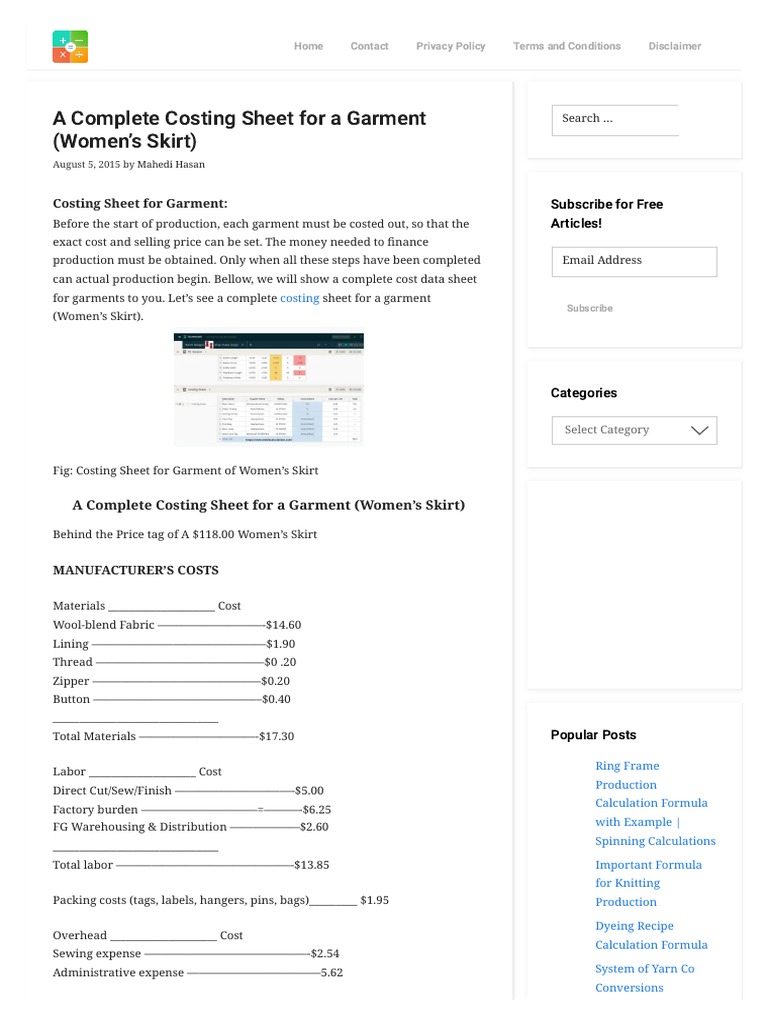 A Complete Costing Sheet for a Garment (Women's Skirt) | PDF | Clothing ...