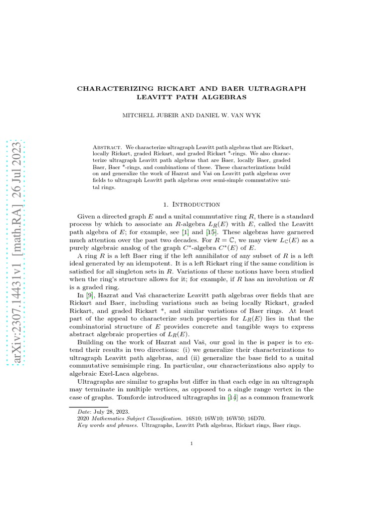 Characterizing Rickart and Baer Ultragraph Leavitt Path Algebras | PDF ...
