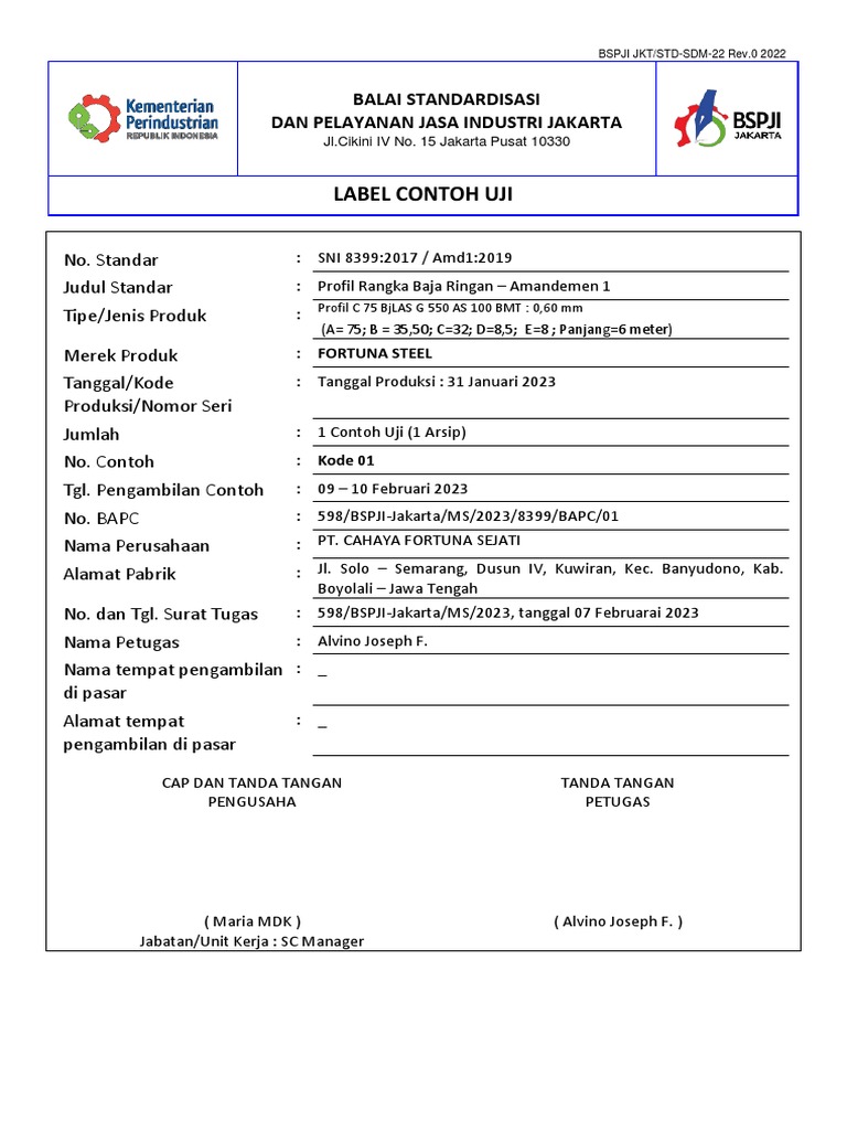 Label Contoh Uji Terbaru PT Cahaya Fortuna | PDF