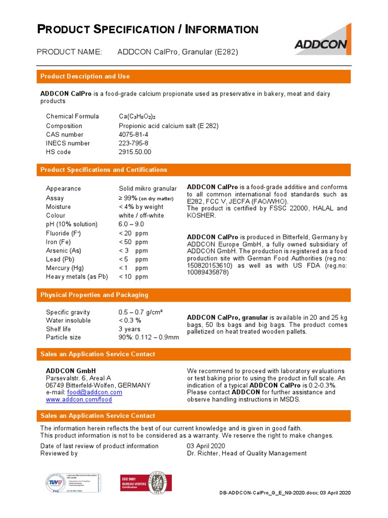 TDS Propionat de Calciu Granulat | PDF | Food Science | Materials