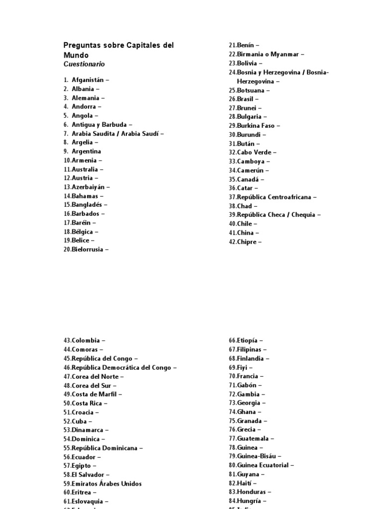Preguntas Sobre Capitales Del Mundo | PDF