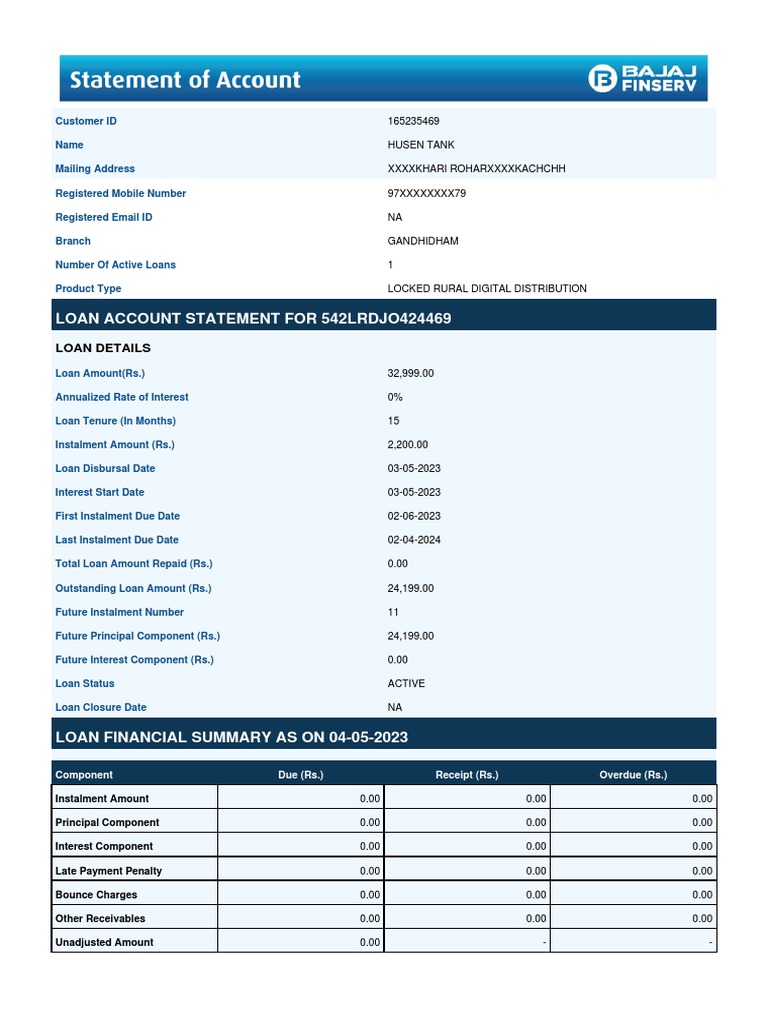 Bajaj Finserv Loan Statement Overview | PDF | Interest | Loans