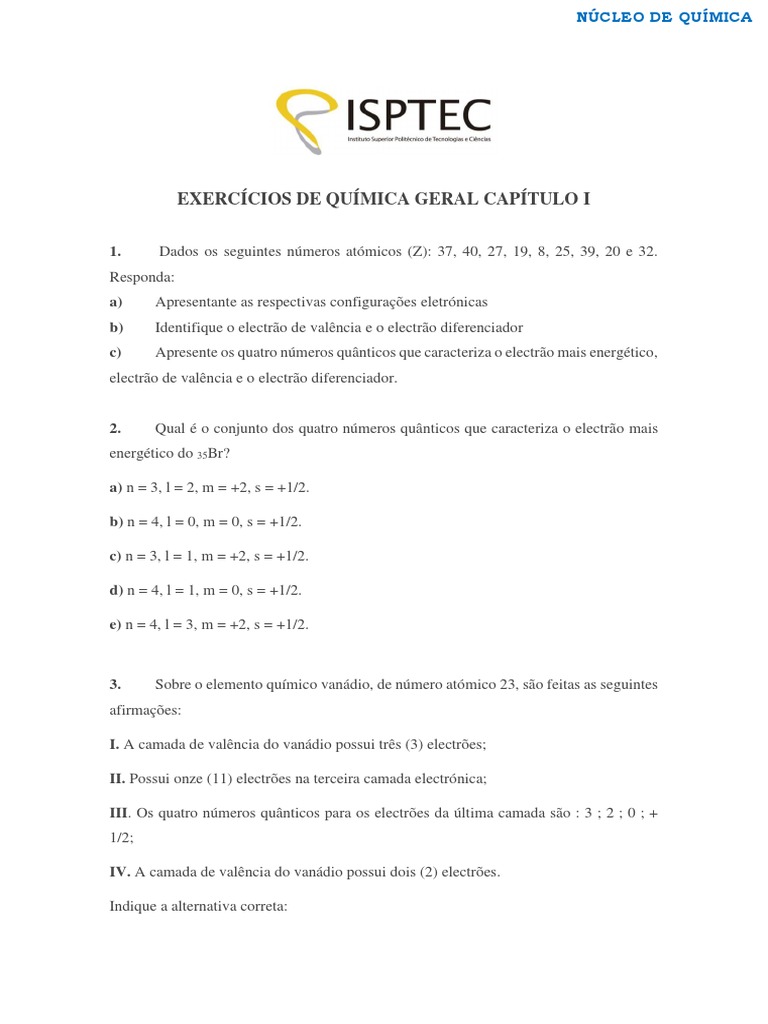 QUÍMICA Exercicios Capitulo 1 | PDF | Núcleo atômico | Átomos