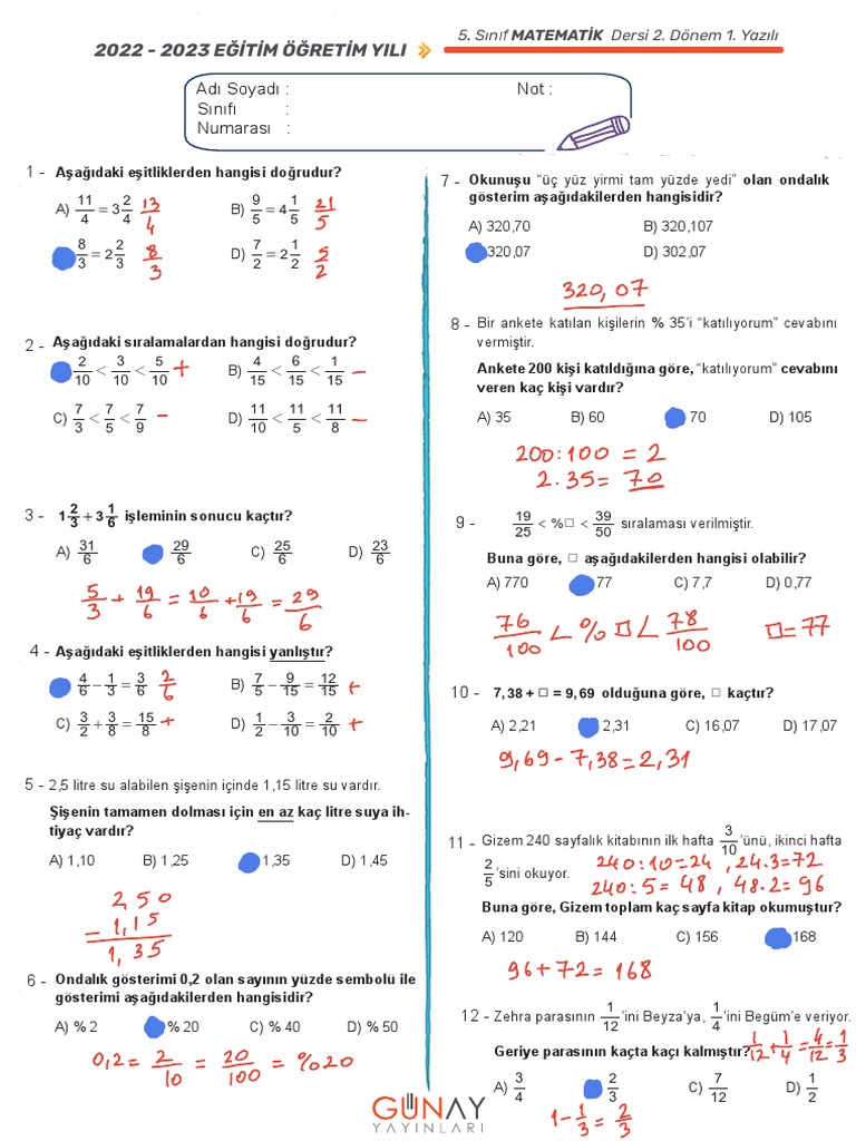 Gunay Yayinlari 2. Donem 1. Yazili 5. Sinif Matematik Cevaplari | PDF