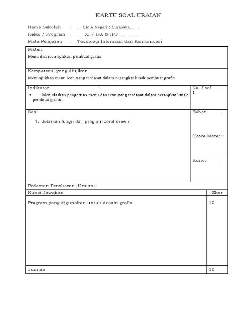 KARTU SOAL URAIAN Kls XI | PDF | Seni | Komputer