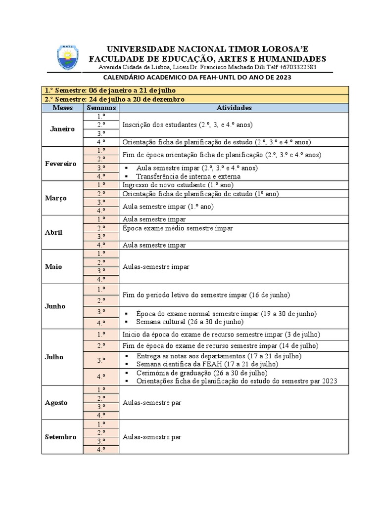 Calendário Acadêmico FEAH-UNTL 2023 | PDF