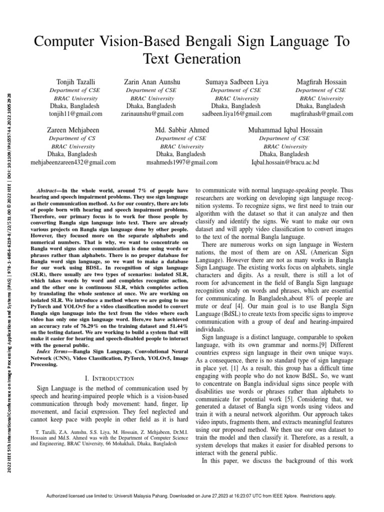 Computer Vision-Based Bengali Sign Language To Text Generation | PDF Computer Vision-Based Bengali Sign Language To Text Generation | PDF