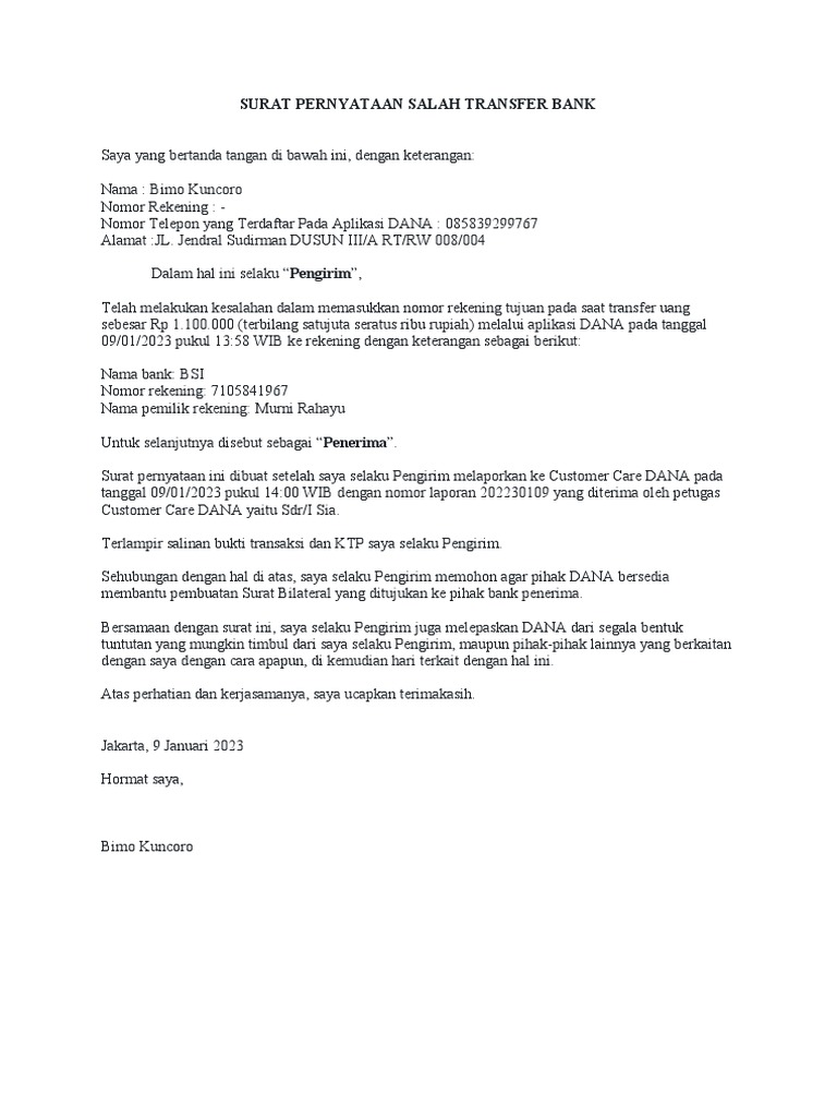 Surat - Pernyataan - Salah - Transfer To Bank (P2B WDN) | PDF | Hukum