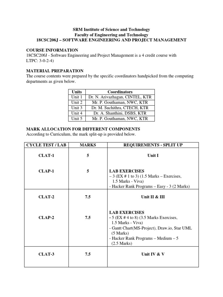 18CSC206J - SEPM - Course Execution Plan - 2021-22 Even - FACULTY ...