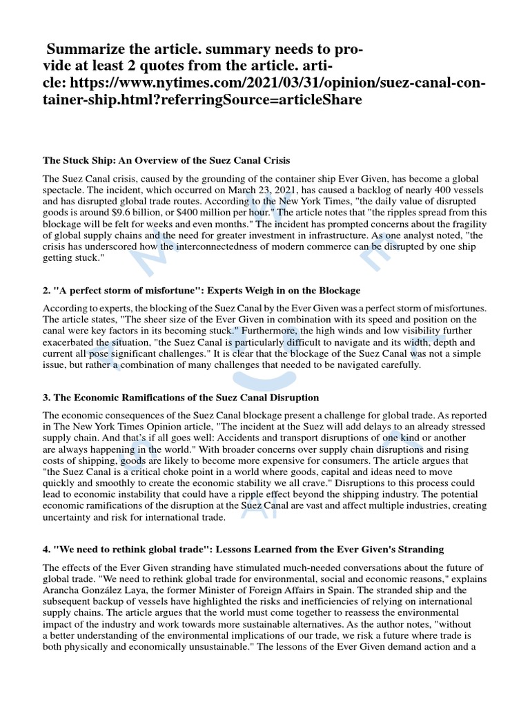 Suez Canal Crisis: Economic Impact Summary | PDF | Suez Canal ...