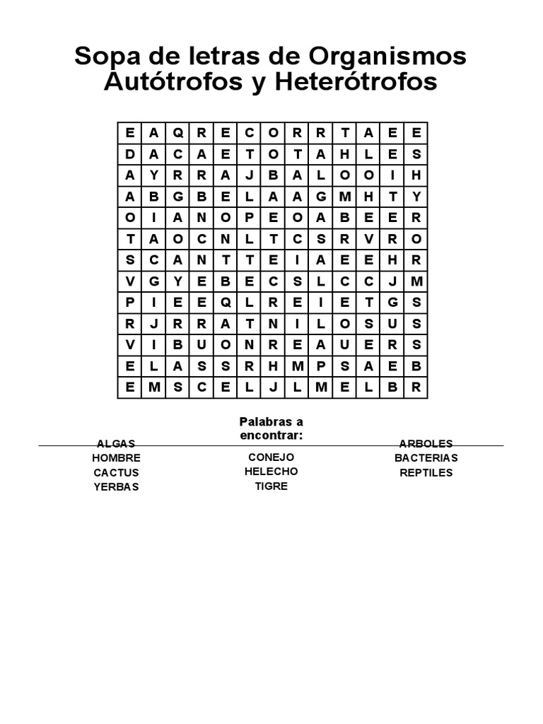 Sopa de Letras de Organismos Autótrofos y Heterótrofos | PDF