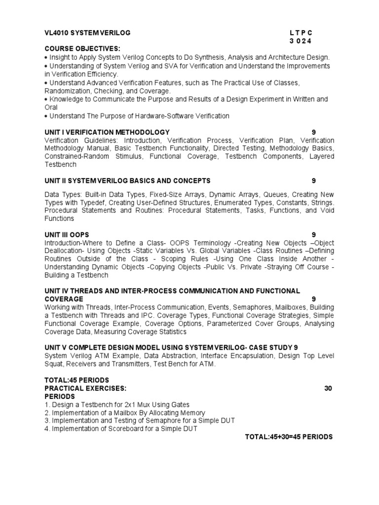 VL4010 System Verilogl T P C | PDF | Systems Engineering | Information Technology