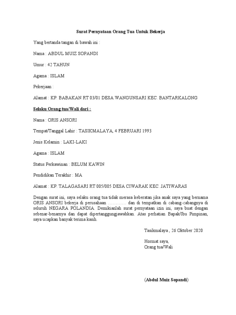 Surat-Pernyataan-Orang-Tua-Untuk-Bekerja ORIS ANSORI | PDF