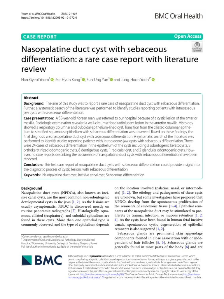 Nasopalatine Duct Cyst With Sebaceous Differentiation: A Rare Case ...