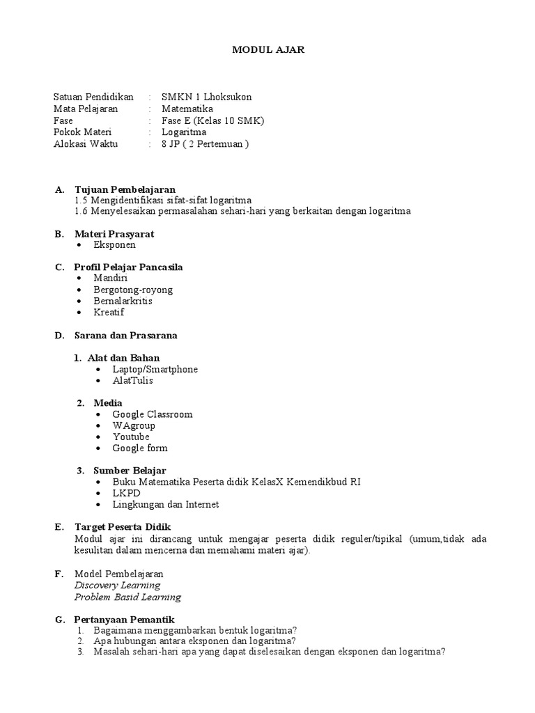 Modul Ajar 2 Logaritma Pdf