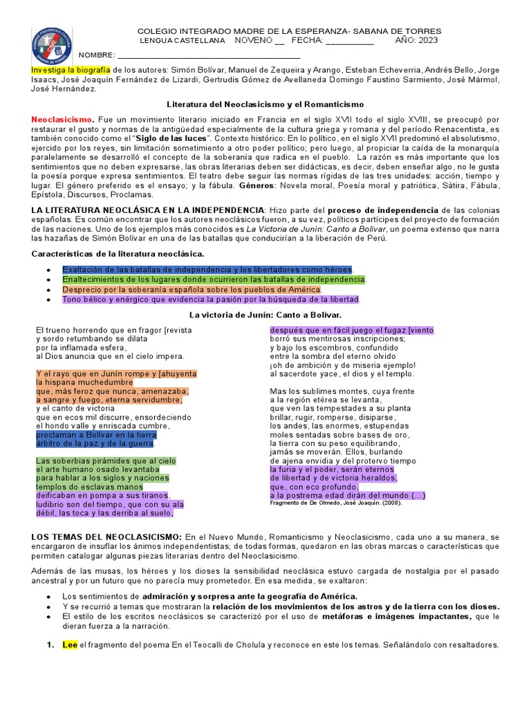 Literatura Del Neoclásicismo y El Romanticismo | PDF | Romanticismo | Nación