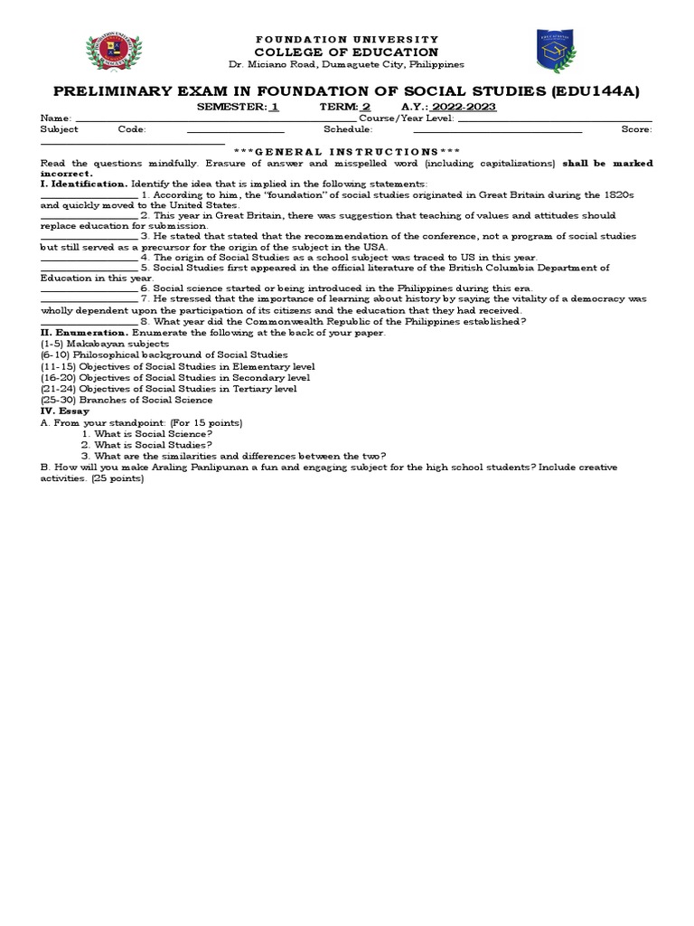 Foundation of Social Studies Exam Guide | PDF | Career & Growth
