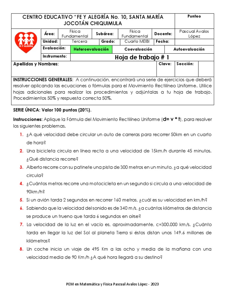 Hoja de Trabajo 1 Fisica Fundamental | PDF | Velocidad | Movimiento ...
