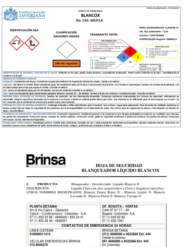 Blancox - Brinsa FDS - Pictgrama | PDF | Blanqueador | Agua