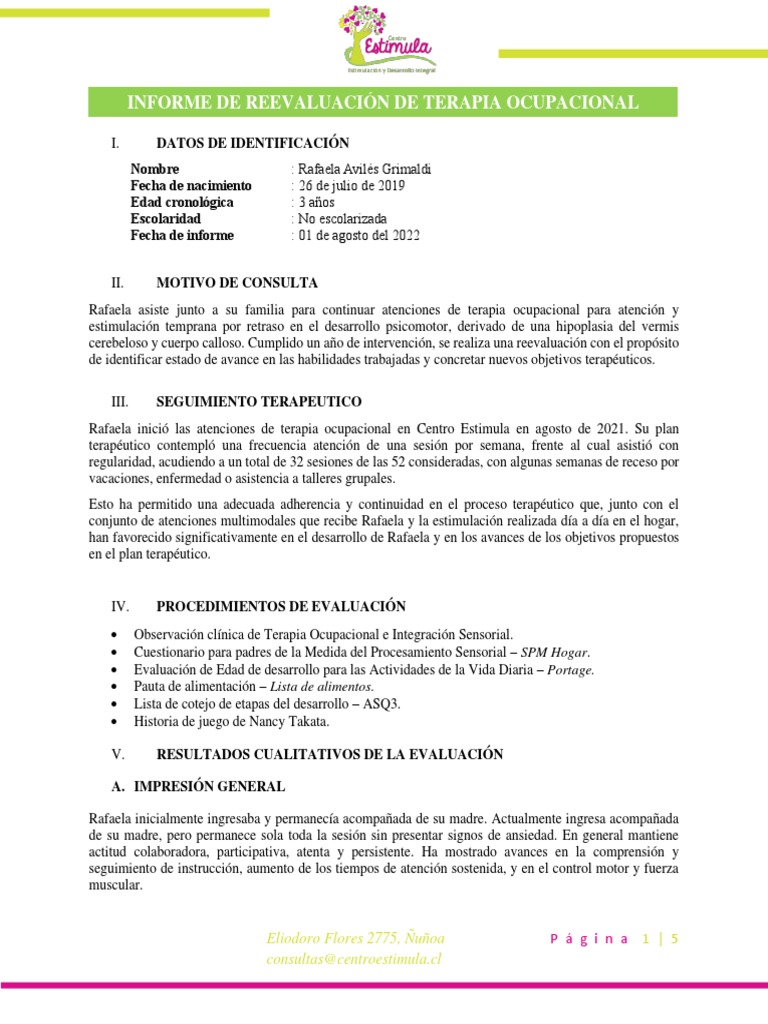 RAFAELA AVILES - INFORME DE REEVALUACIÓN DE TERAPIA OCUPACIONAL | PDF ...
