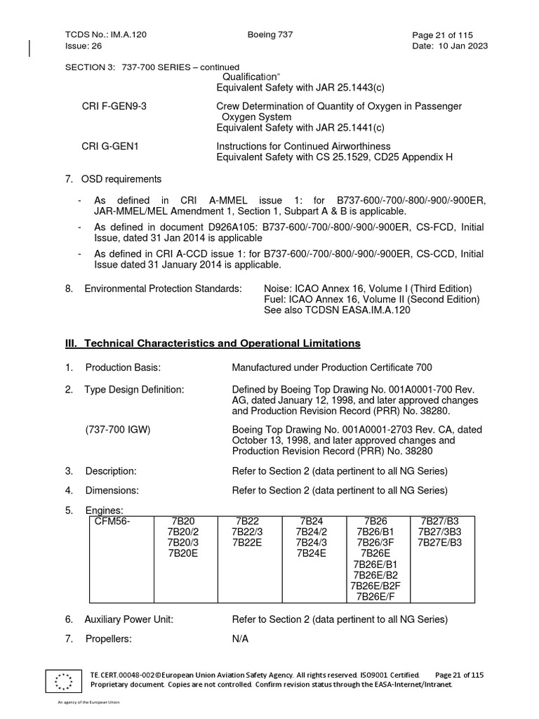 TCDS No.: IM.A.120 Issue: 26 Boeing 737 Page 21 of 115 Date: 10 Jan ...