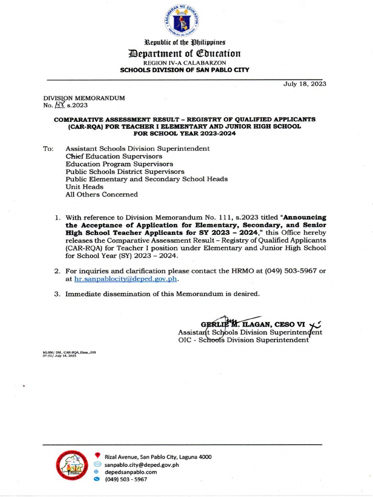 DM No. 188, S 2023-Comparative Assessment Result - Registry of ...