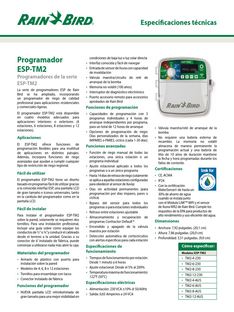 13.PROGRAMADOR RAINBIRD Ficha Tecnica TM2 | PDF